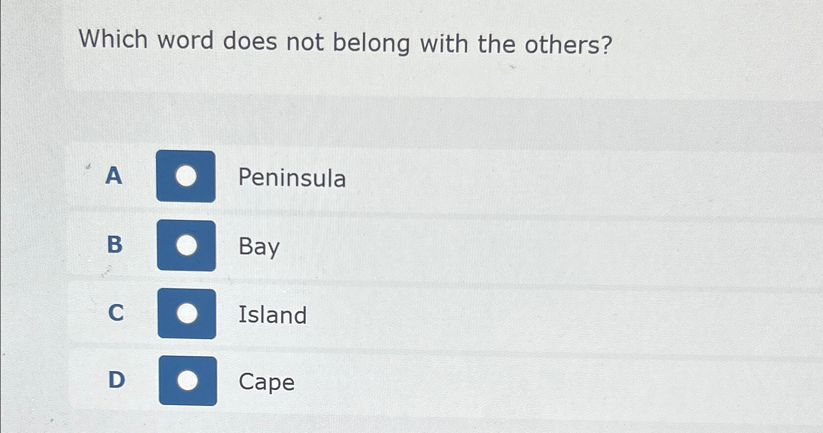 Solved Which word does not belong with the others?A | Chegg.com