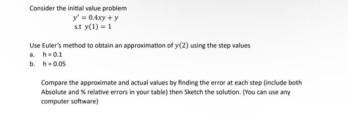 Solved Consider the initial value problem y′=0.4xy+y s.t | Chegg.com