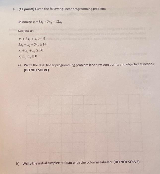 Solved 9. (12 points) Given the following linear programming | Chegg.com