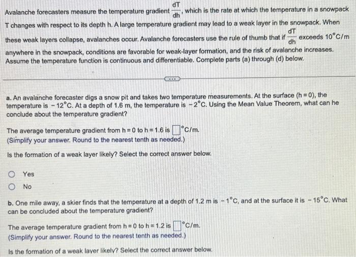 Solved Avalanche forecasters measure the temperature | Chegg.com