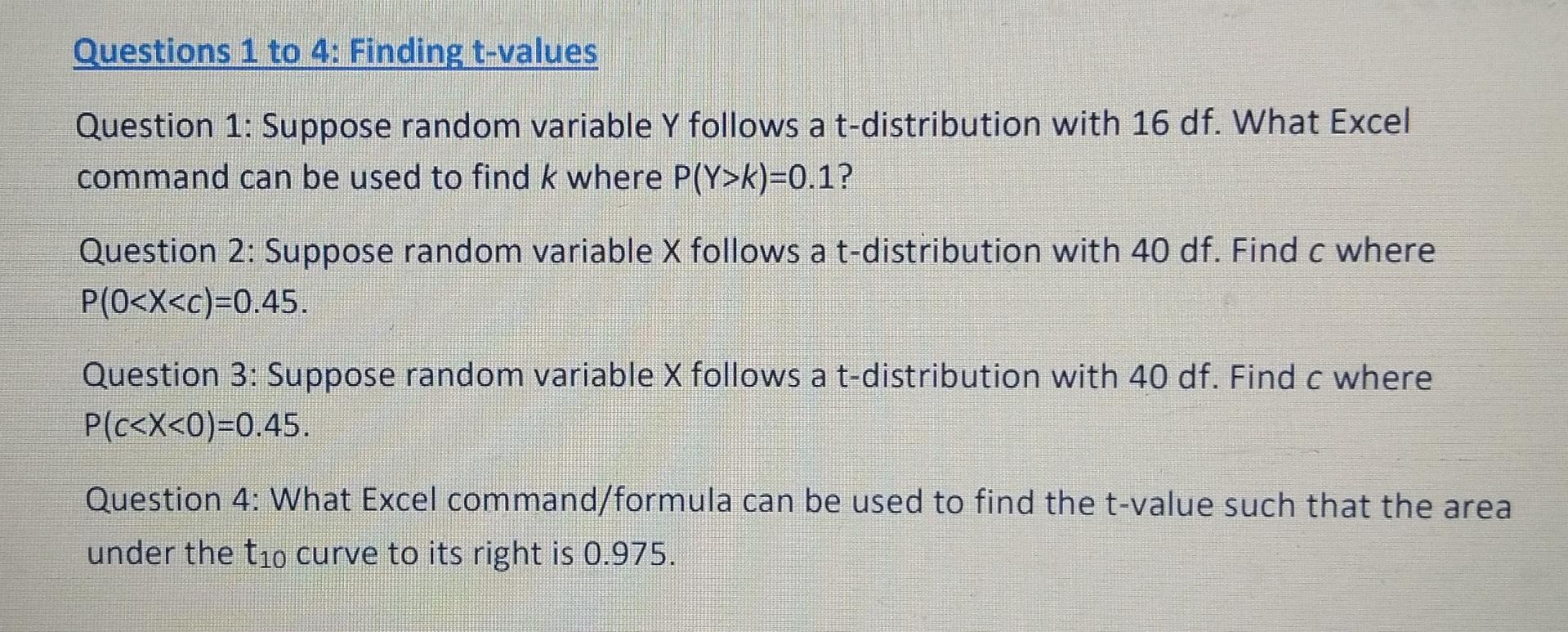 Solved Questions 1 to 4: Finding t-values Question 1: | Chegg.com