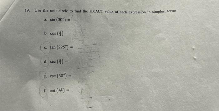 Solved use the unit circle to find the exact value of each | Chegg.com