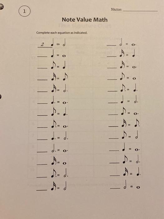 Solved Name: 1 Note Value Math Complete each equation as | Chegg.com