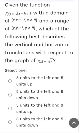 Solved Given the functionf(x)=x-h2+k ﻿with a domainof | Chegg.com