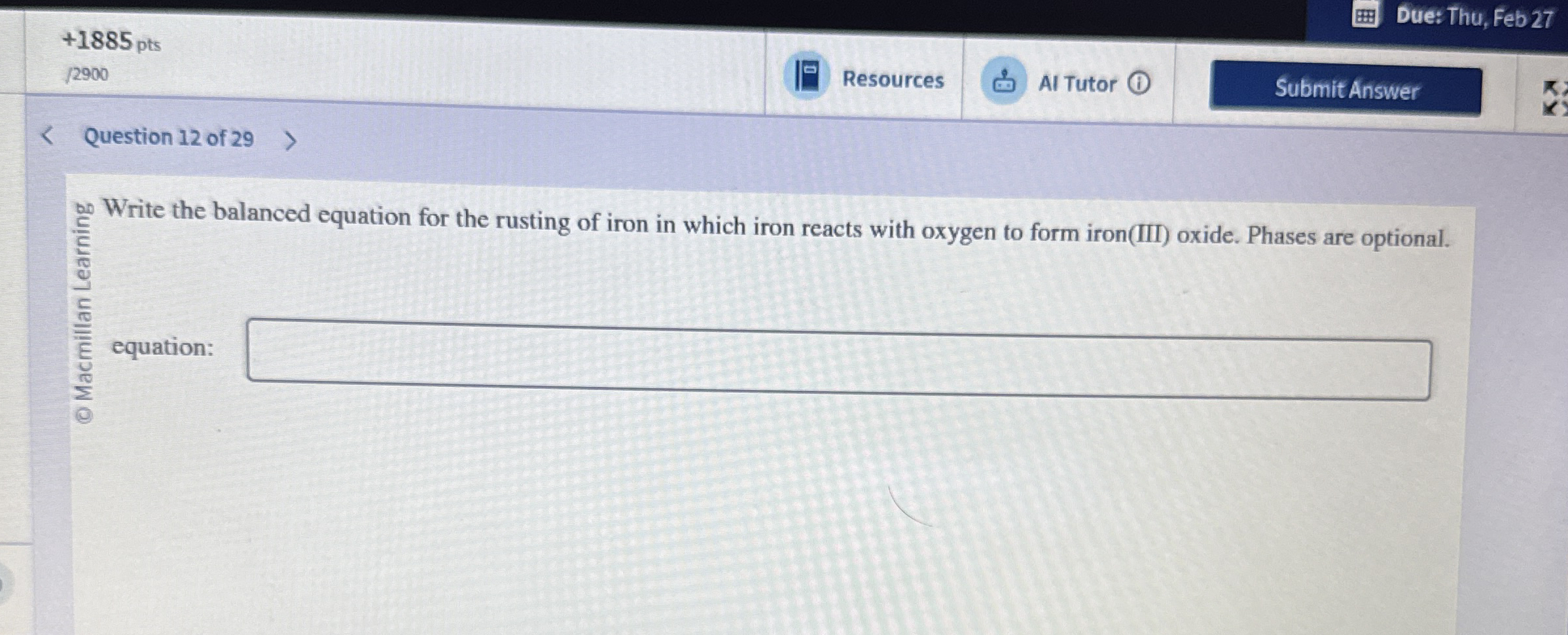 Solved Due: Thu, Feb 27 ﻿1885 ﻿pts12900ResourcesAl Tutor | Chegg.com