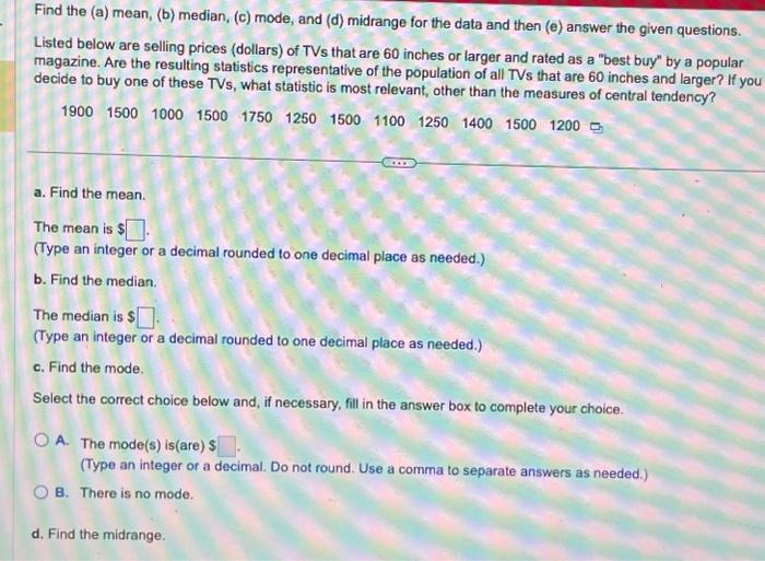 Find the (a) mean, (b) median, (c) mode, and (d) | Chegg.com