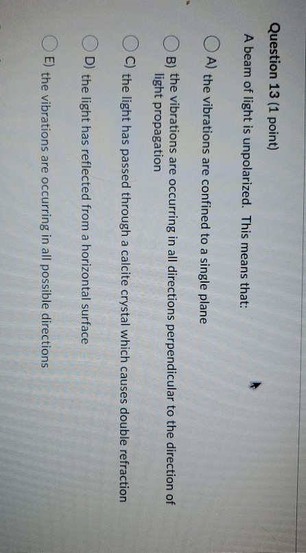 Solved Question 13 (1 point) A beam of light is unpolarized. | Chegg.com