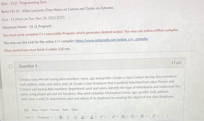Solved Quiz 122 Programming Quiz Refer Ch 12 Video 
