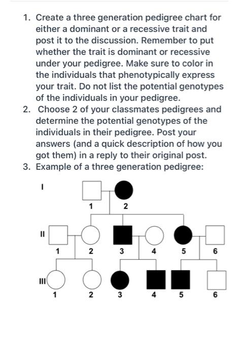 Solved 1. Create a three generation pedigree chart for | Chegg.com