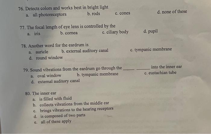 Solved 76. Detects colors and works best in bright light a. | Chegg.com