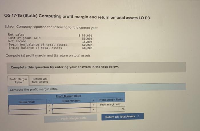Solved QS 17-15 (Static) Computing profit margin and return | Chegg.com