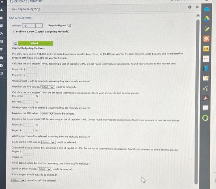 Solved 7. Problem 12-10 (Capital Eudgeting Methods) Capital | Chegg.com
