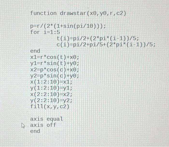 Solved function drawrect(xΘ,yΘ,L,W,c) fill(x,y,c) axis equal | Chegg.com
