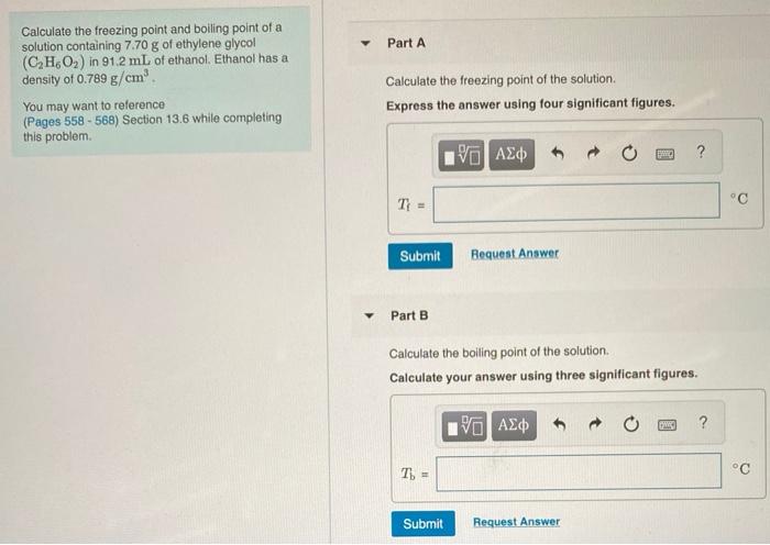 Solved Part A Calculate the freezing point and boiling point | Chegg.com