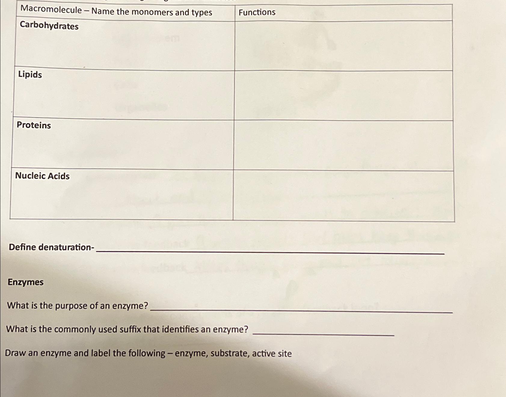 Solved \table[[Macromolecule - ﻿Name the monomers and | Chegg.com