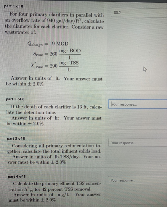 Solved 80.2 part 1 of 8 For four primary clarifiers in | Chegg.com