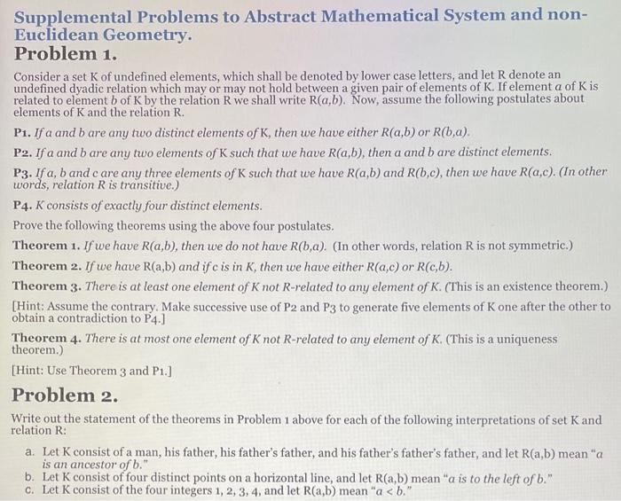 Solved Supplemental Problems to Abstract Mathematical System | Chegg.com