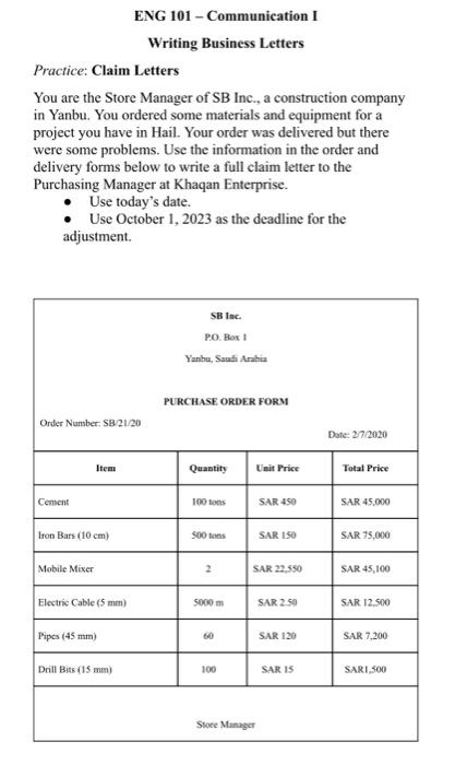 Writing Business Letters Practice: Claim Letters You | Chegg.com