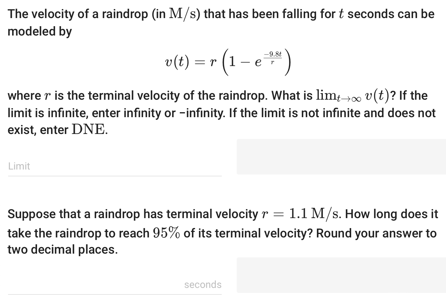 Solved The velocity of a raindrop (in Ms ) ﻿that has been | Chegg.com