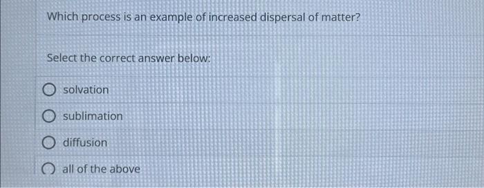 Solved Which process is an example of increased dispersal of | Chegg.com