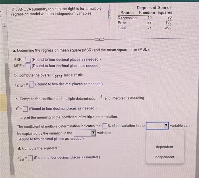 Solved The ANOVA summary table to the right is for a | Chegg.com
