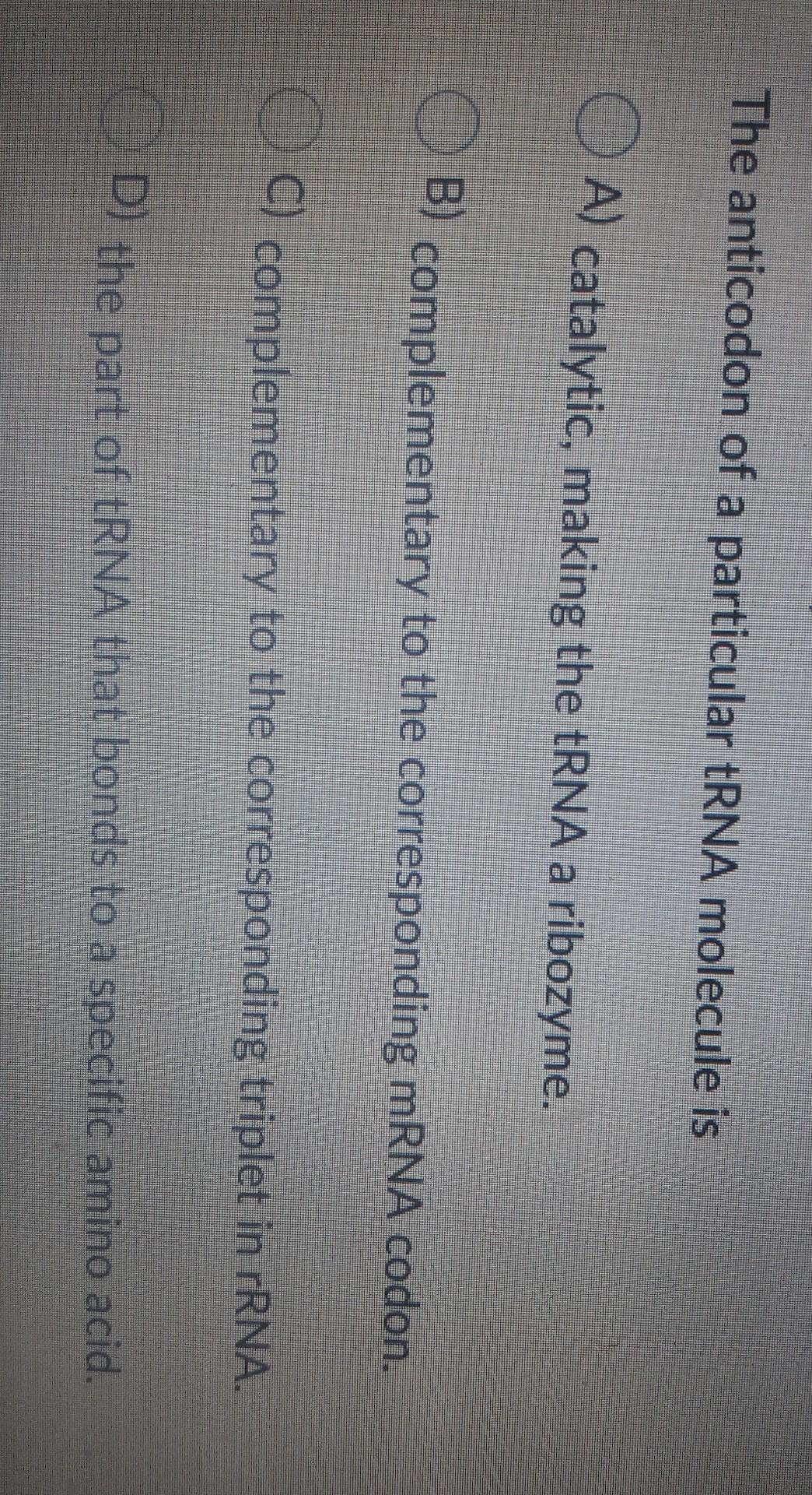 Solved The anticodon of a particular tRNA molecule is A) | Chegg.com