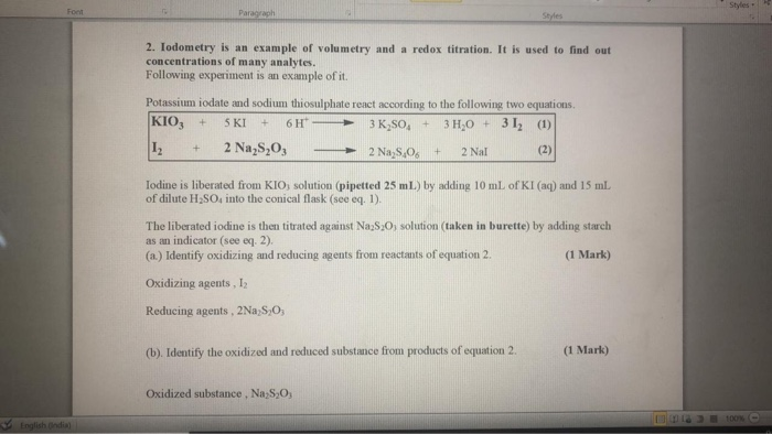 Solved Styles Foot Paragraph 2. Iodometry is an example of | Chegg.com