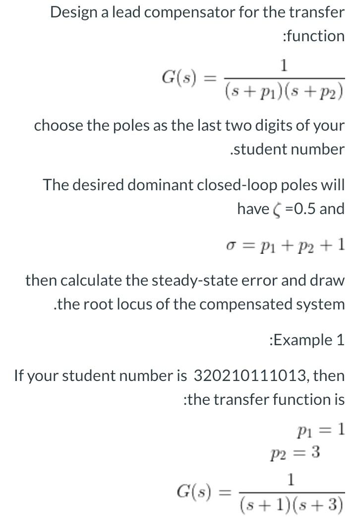 Solved Design a lead compensator for the transfer :function | Chegg.com