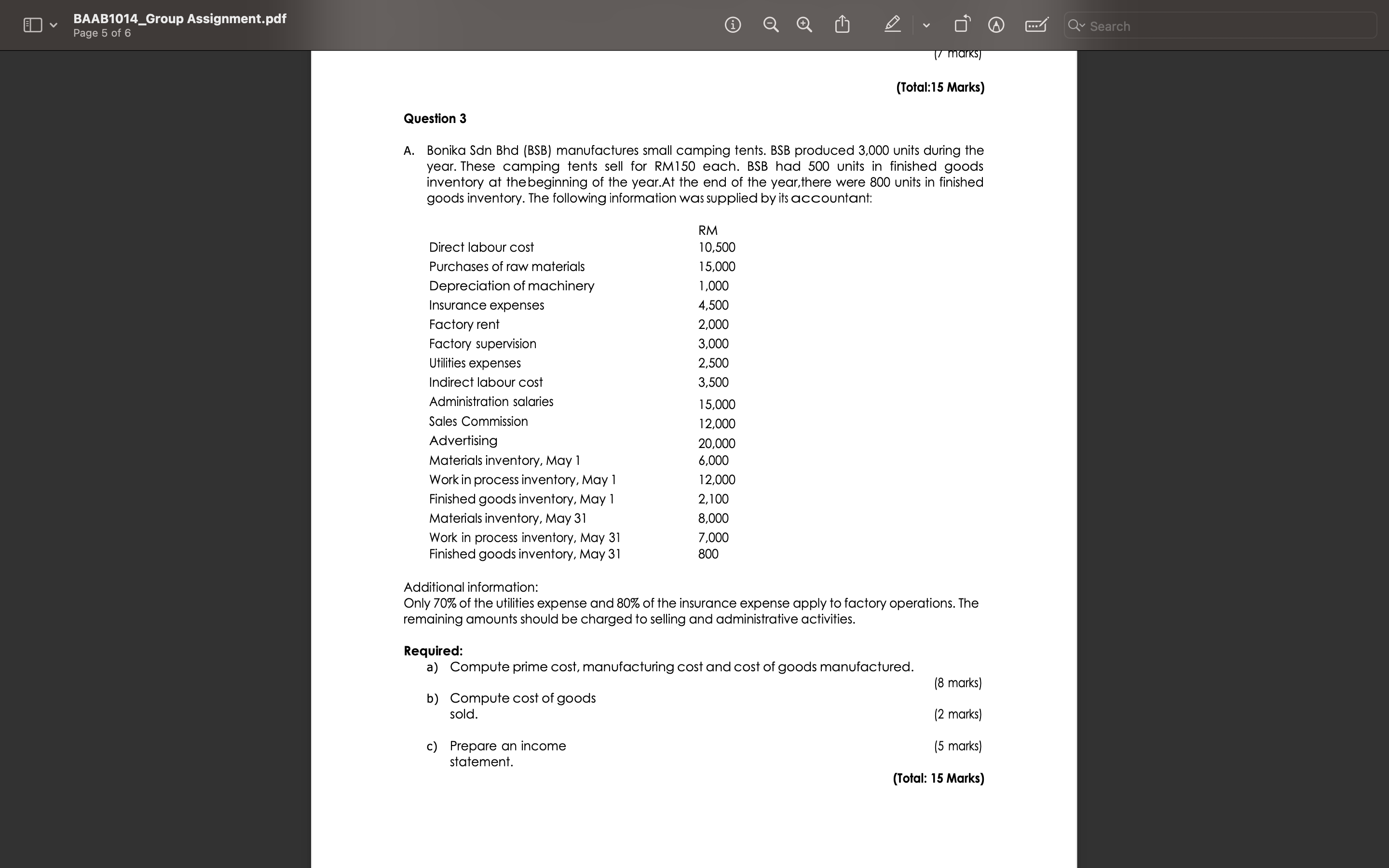 Solved (Total:15 ﻿Marks)Question 3A. ﻿Bonika Sdn Bhd (BSB) | Chegg.com