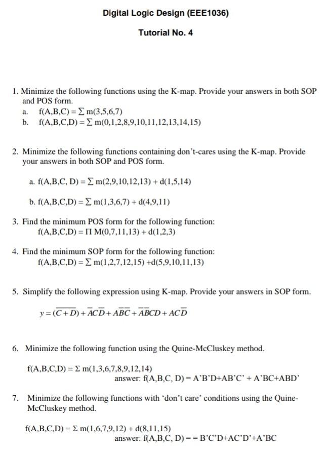 Solved Digital Logic Design (EEE1036) Tutorial No. 4 1. | Chegg.com