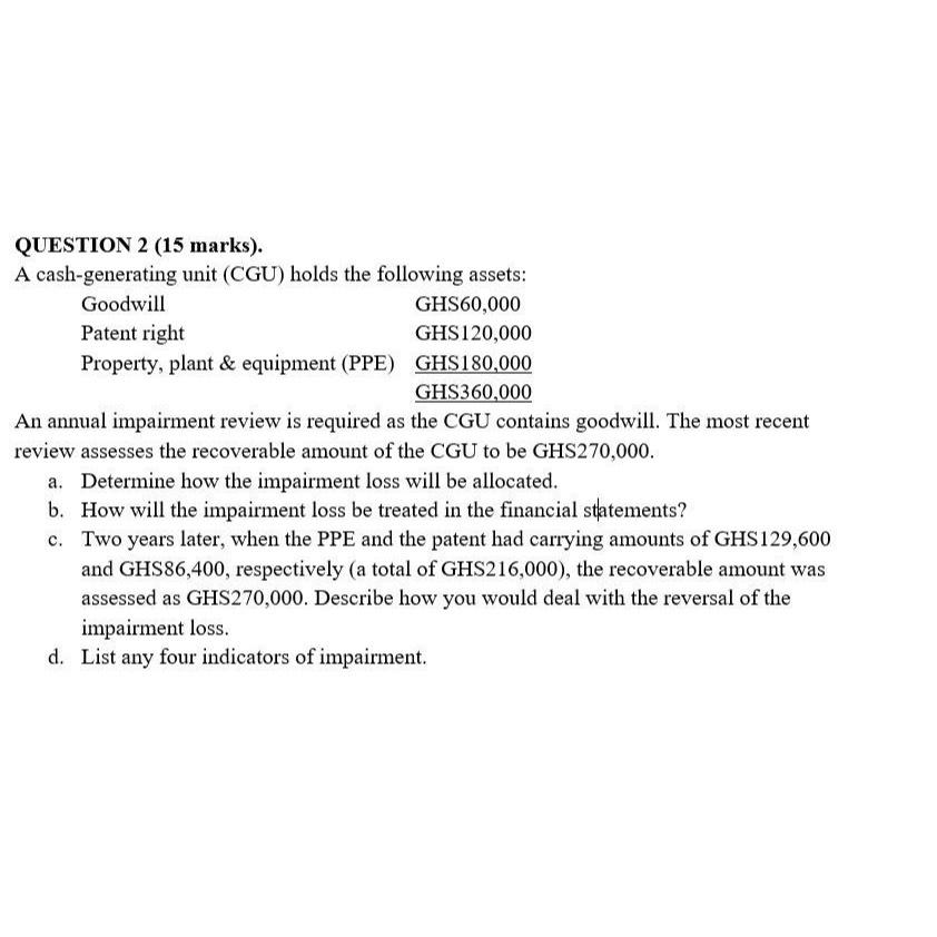 Solved QUESTION 2 (15 ﻿marks).A cash-generating unit (CGU) | Chegg.com
