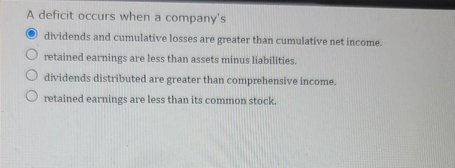 Solved A deficit occurs when a company's dividends and | Chegg.com
