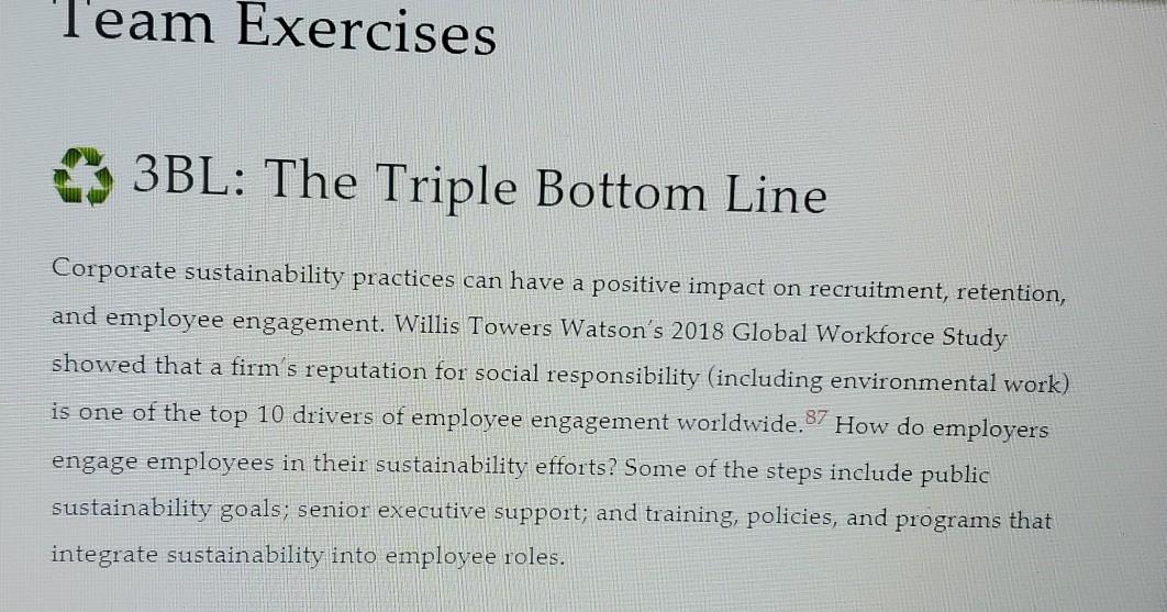 Solved Team Exercises 3BL: The Triple Bottom Line Corporate | Chegg.com