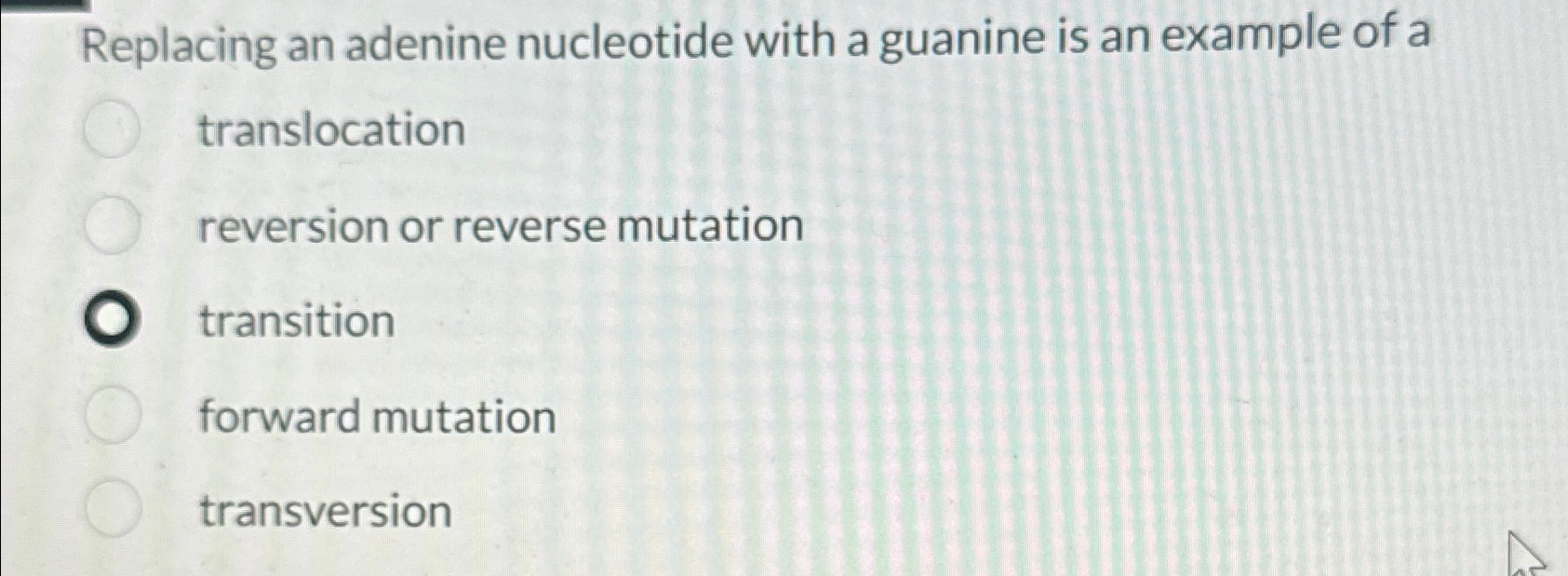 Solved Replacing an adenine nucleotide with a guanine is an | Chegg.com