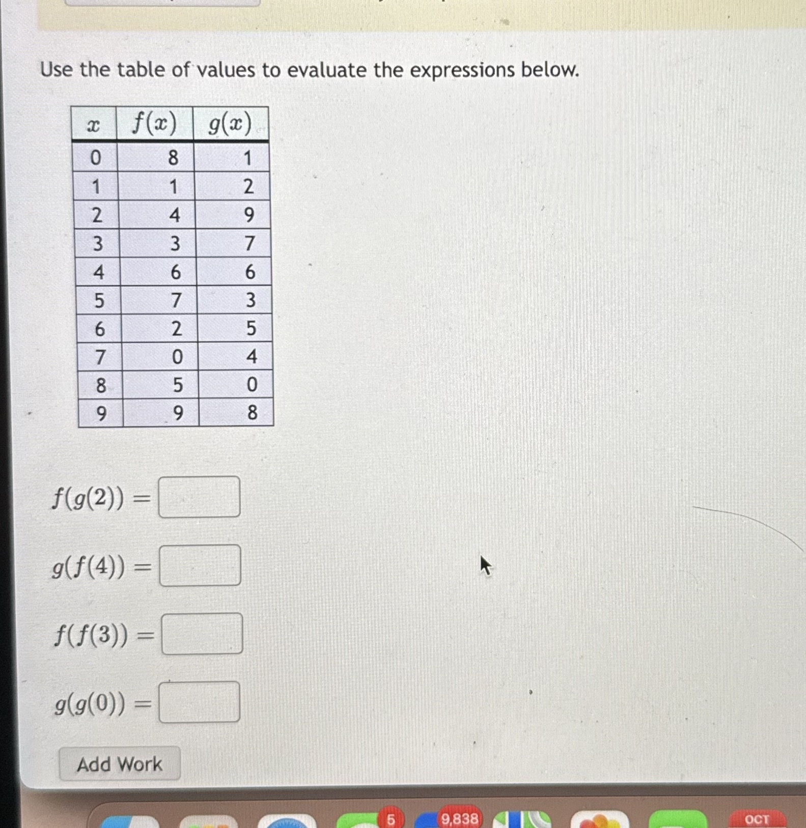 Solved Use the table of values to evaluate the expressions | Chegg.com
