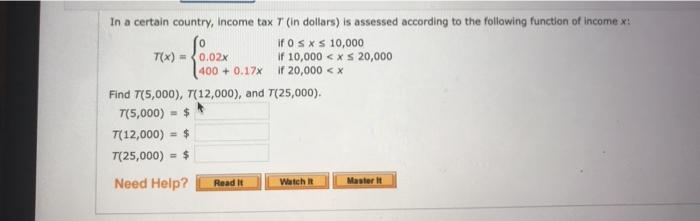 Solved 0.02x In a certain country, Income tax T (in dollars) | Chegg.com