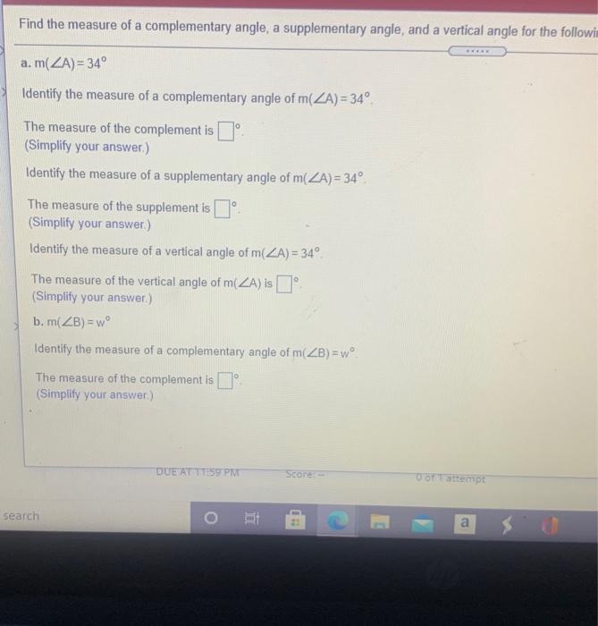 Solved Find the measure of a complementary angle, a | Chegg.com