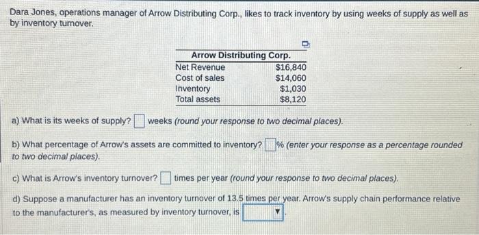 Solved Dara Jones, operations manager of Arrow Distributing | Chegg.com