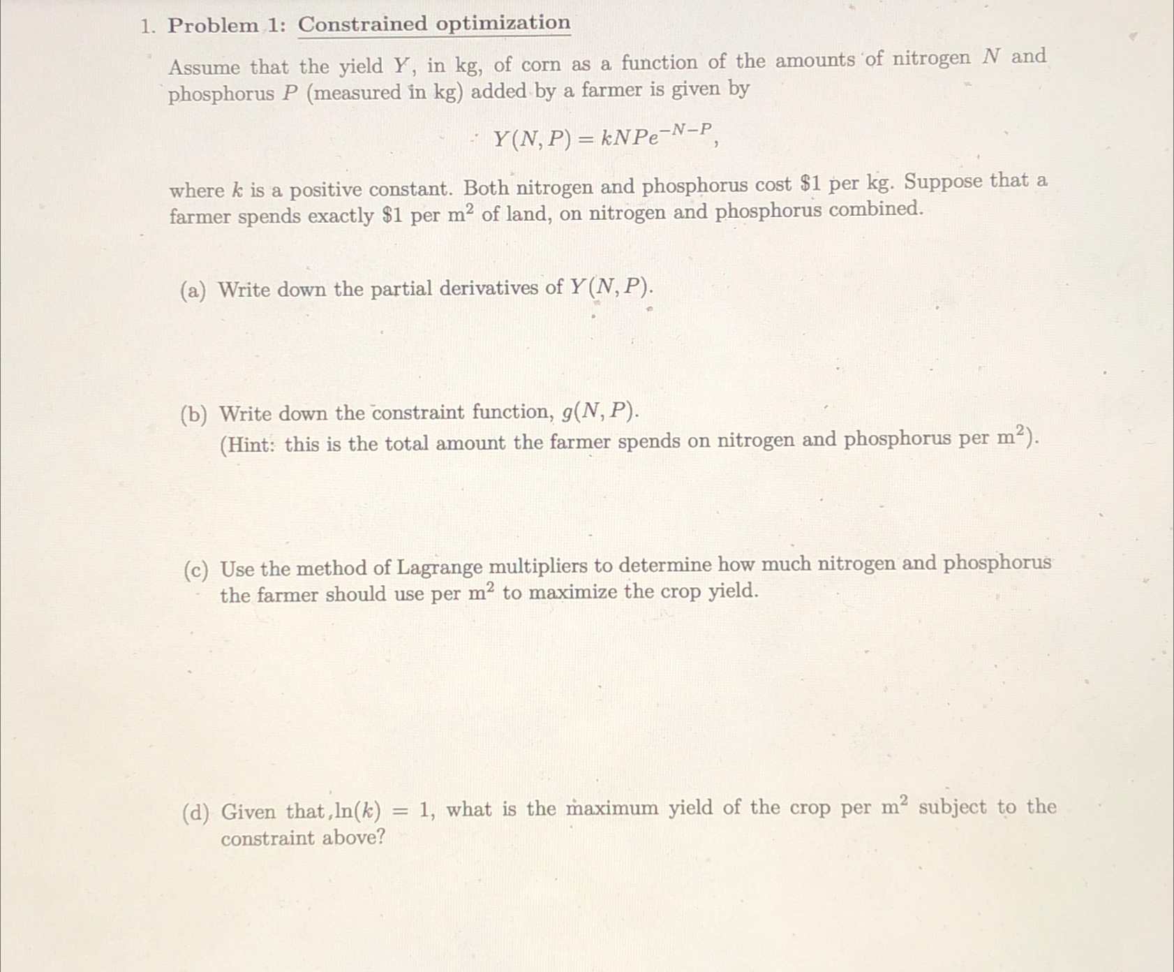 Solved Problem 1: Constrained optimizationAssume that the | Chegg.com