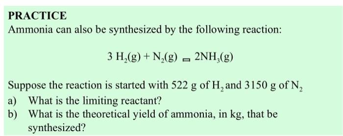 Solved PRACTICE Ammonia can also be synthesized by the | Chegg.com
