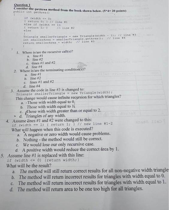 Solved Question 1 Consider the getarea method from the book | Chegg.com