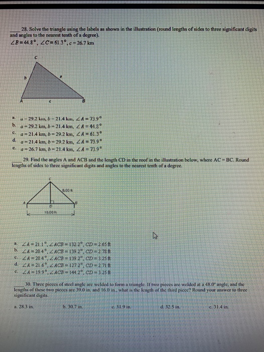 Solved 28. Solve the triangle using the labels as shown in | Chegg.com