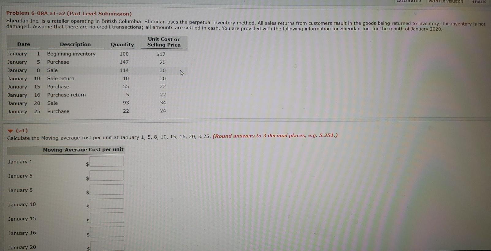 Solved CALCULATOR PRINTER VERSION 4 BACK Problem 6-08A al-a2 | Chegg.com