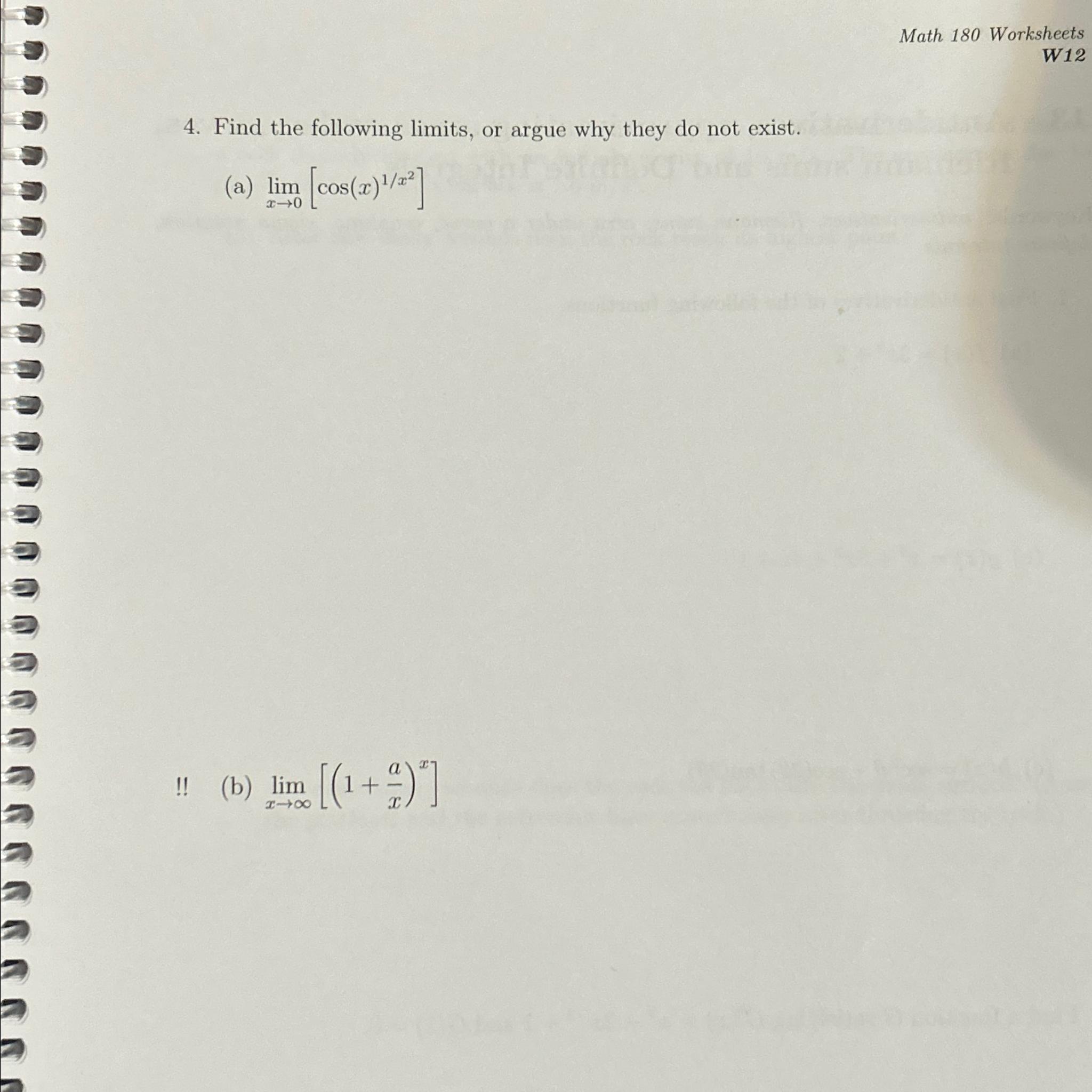 Solved Math 180 ﻿WorksheetsW124. ﻿Find the following limits, | Chegg.com