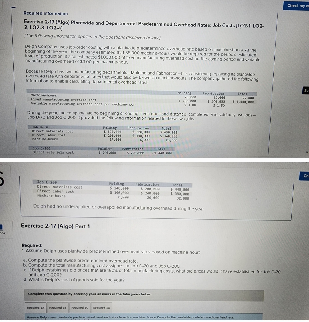 Solved Required InformationExercise 2-17 (Algo) ﻿Plantwide | Chegg.com
