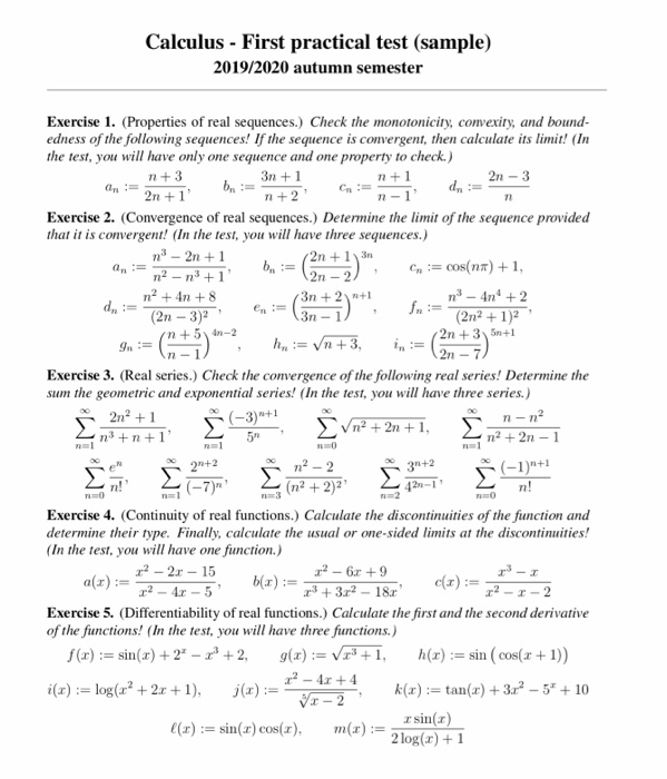 Solved Calculus - First practical test (sample) 2019/2020 | Chegg.com