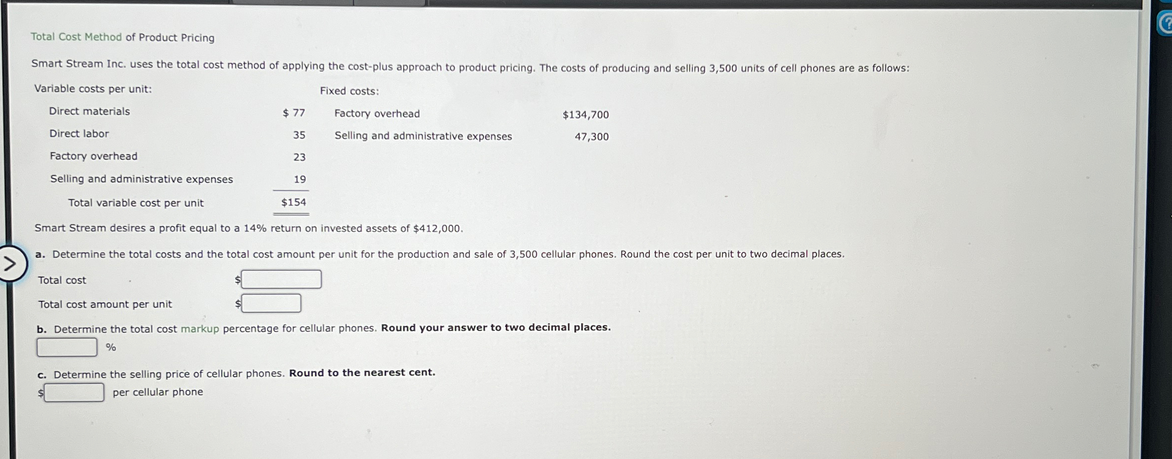 Solved Total Cost Method of Product PricingSmart Stream Inc. | Chegg.com