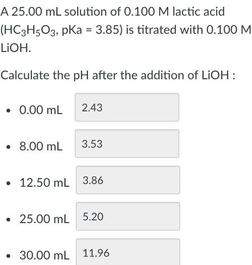 Solved A 25.00 mL solution of 0.100 M lactic acid (HC3H5O3, | Chegg.com