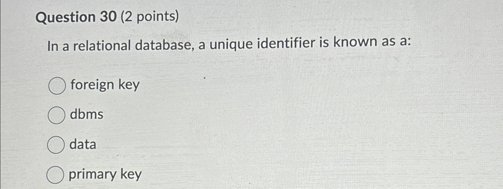 Solved Question 30 (2 ﻿points)In a relational database, a | Chegg.com