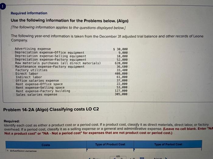 Solved Problem 14-2A (Algo) Classifying costs LO C2 | Chegg.com